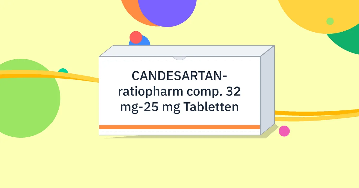 Symbolbild: Packung mit der Aufschrift CANDESARTAN-ratiopharm comp. 32 mg-25 mg Tabletten (PZN 09068301) – Verfügbarkeit und Bezug in Apotheken in Frankfurt am Main