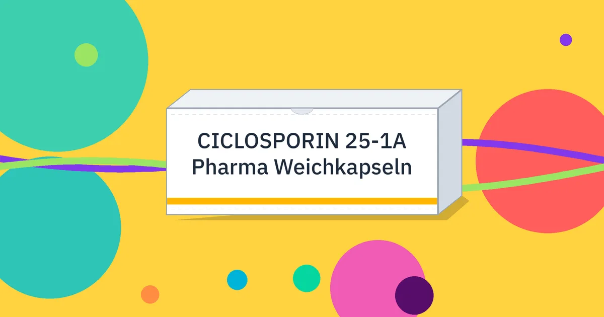 Symbolbild: Packung mit der Aufschrift CICLOSPORIN 25-1A Pharma Weichkapseln (PZN 02725925) – Verfügbarkeit und Bezug in Apotheken in Frankfurt am Main