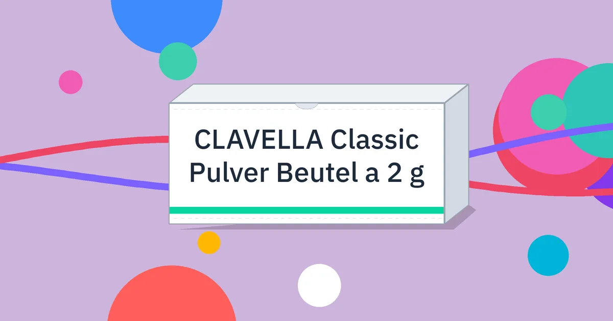 Symbolbild: Packung mit der Aufschrift CLAVELLA Classic Pulver Beutel a 2 g (PZN 19169865) – Verfügbarkeit und Bezug in Apotheken in Frankfurt am Main