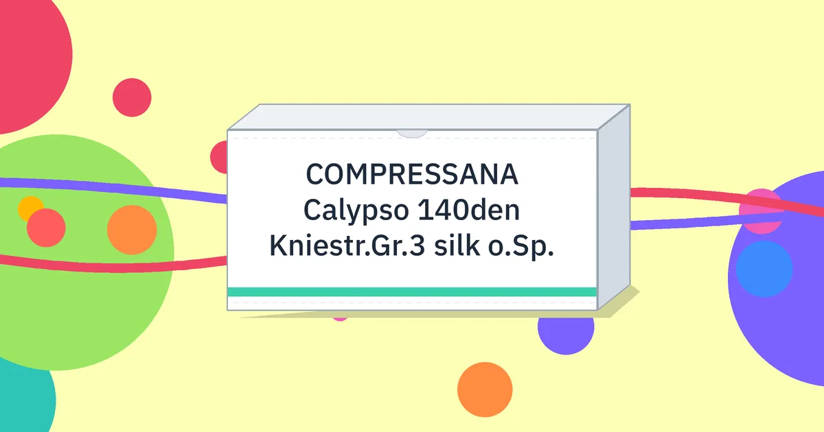 Symbolbild: Packung mit der Aufschrift COMPRESSANA Calypso 140den Kniestr.Gr.3 silk o.Sp. (PZN 09076915) – Verfügbarkeit und Bezug in Apotheken in Frankfurt am Main
