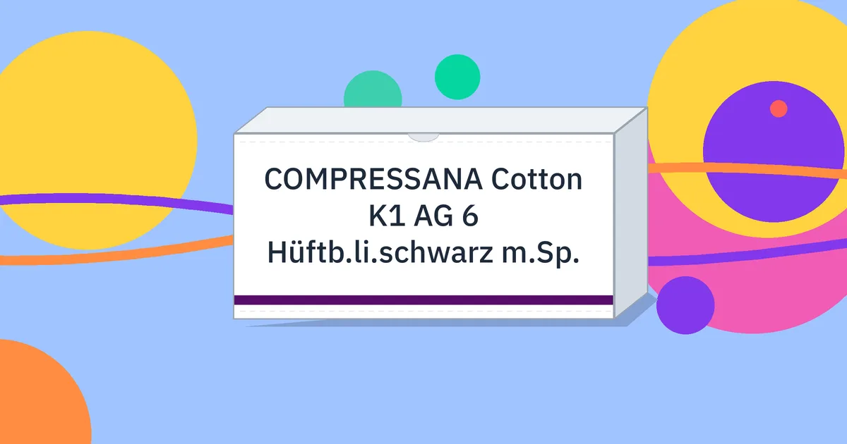 Symbolbild: Packung mit der Aufschrift COMPRESSANA Cotton K1 AG 6 Hüftb.li.schwarz m.Sp. (PZN 12980854) – Verfügbarkeit und Bezug in Apotheken in Frankfurt am Main