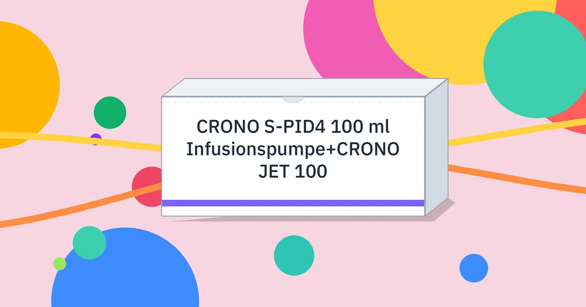 Symbolbild: Packung mit der Aufschrift CRONO S-PID4 100 ml Infusionspumpe+CRONO JET 100 (PZN 18743256) – Verfügbarkeit und Bezug in Apotheken in Frankfurt am Main
