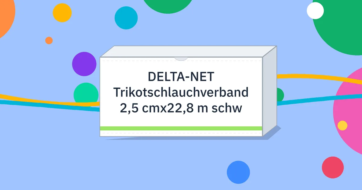 Symbolbild: Packung mit der Aufschrift DELTA-NET Trikotschlauchverband 2,5 cmx22,8 m schw (PZN 16127412) – Verfügbarkeit und Bezug in Apotheken in Frankfurt am Main