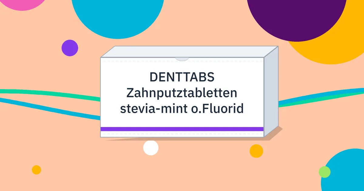 Symbolbild: Packung mit der Aufschrift DENTTABS Zahnputztabletten stevia-mint o.Fluorid (PZN 10962533) – Verfügbarkeit und Bezug in Apotheken in Frankfurt am Main