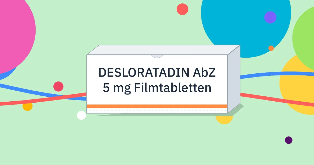 Symbolbild: Packung mit der Aufschrift DESLORATADIN AbZ 5 mg Filmtabletten (PZN 09714764) – Verfügbarkeit und Bezug in Apotheken in Frankfurt am Main