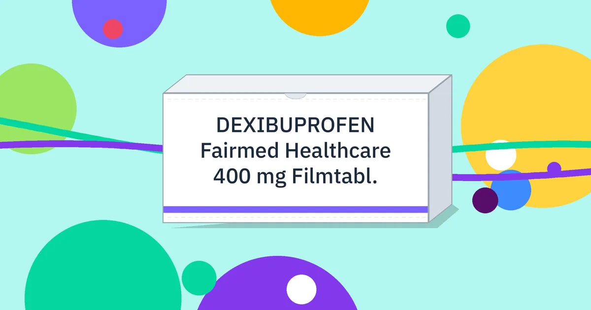 Symbolbild: Packung mit der Aufschrift DEXIBUPROFEN Fairmed Healthcare 400 mg Filmtabl. (PZN 16564012) – Verfügbarkeit und Bezug in Apotheken in Frankfurt am Main