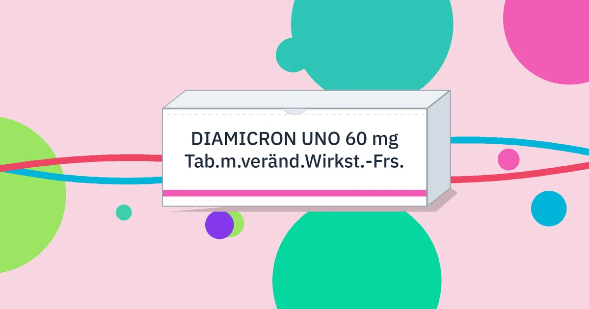 Symbolbild: Packung mit der Aufschrift DIAMICRON UNO 60 mg Tab.m.veränd.Wirkst.-Frs. (PZN 06488698) – Verfügbarkeit und Bezug in Apotheken in Frankfurt am Main