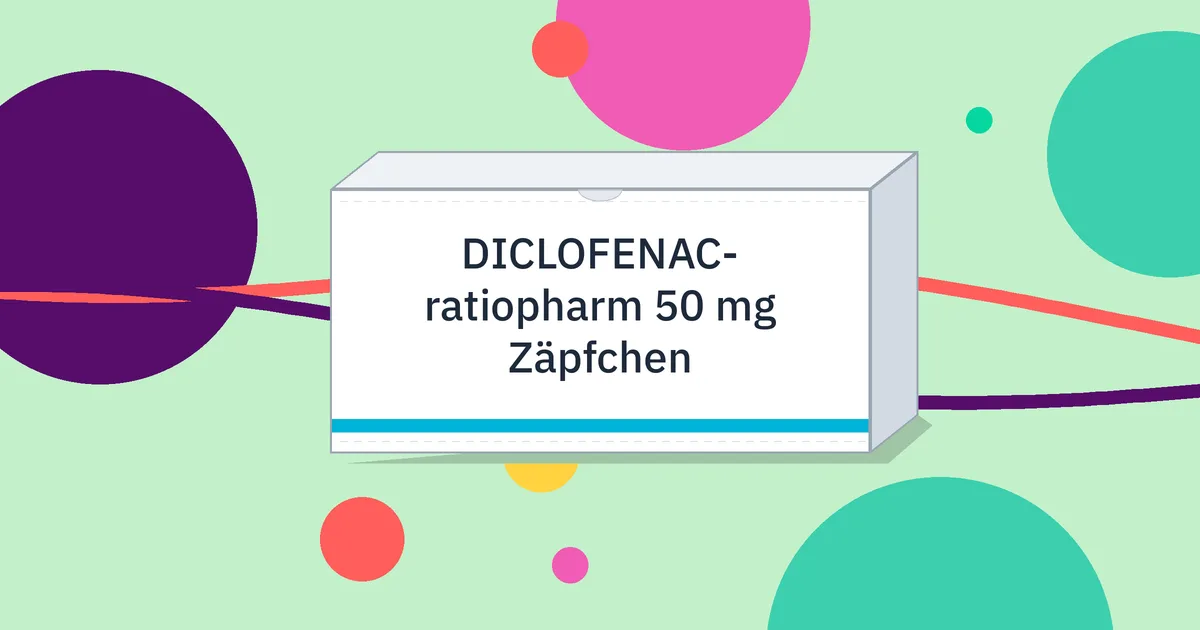 Symbolbild: Packung mit der Aufschrift DICLOFENAC-ratiopharm 50 mg Zäpfchen (PZN 06605939) – Verfügbarkeit und Bezug in Apotheken in Frankfurt am Main
