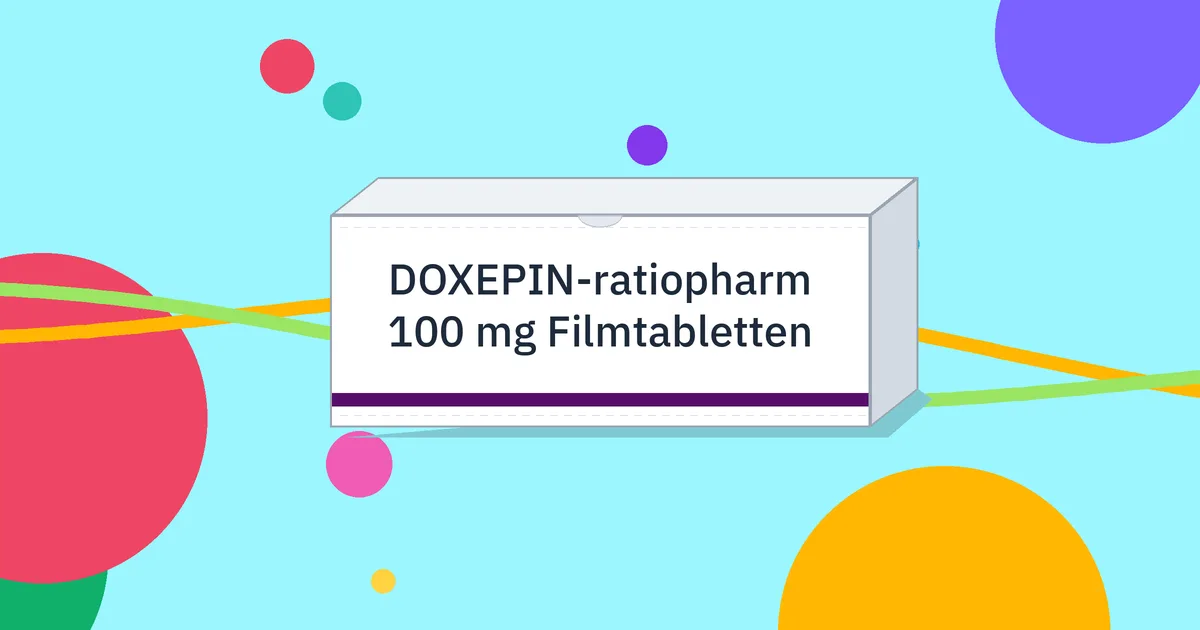 Symbolbild: Packung mit der Aufschrift DOXEPIN-ratiopharm 100 mg Filmtabletten (PZN 06995780) – Verfügbarkeit und Bezug in Apotheken in Frankfurt am Main