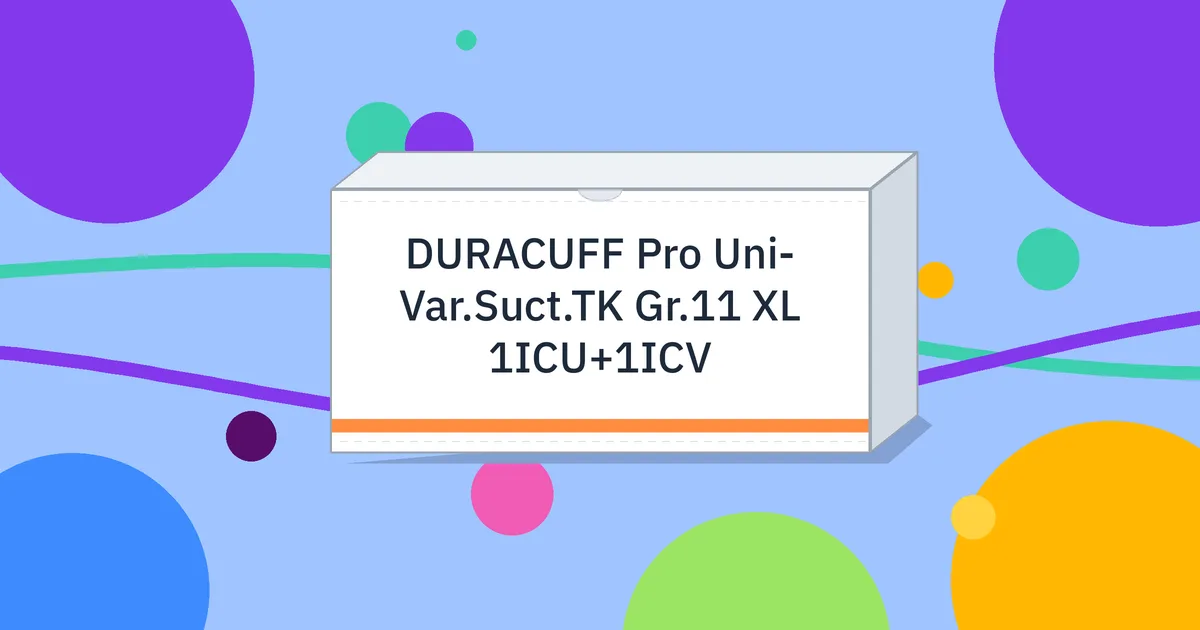 Symbolbild: Packung mit der Aufschrift DURACUFF Pro Uni-Var.Suct.TK Gr.11 XL 1ICU+1ICV (PZN 19245939) – Verfügbarkeit und Bezug in Apotheken in Frankfurt am Main