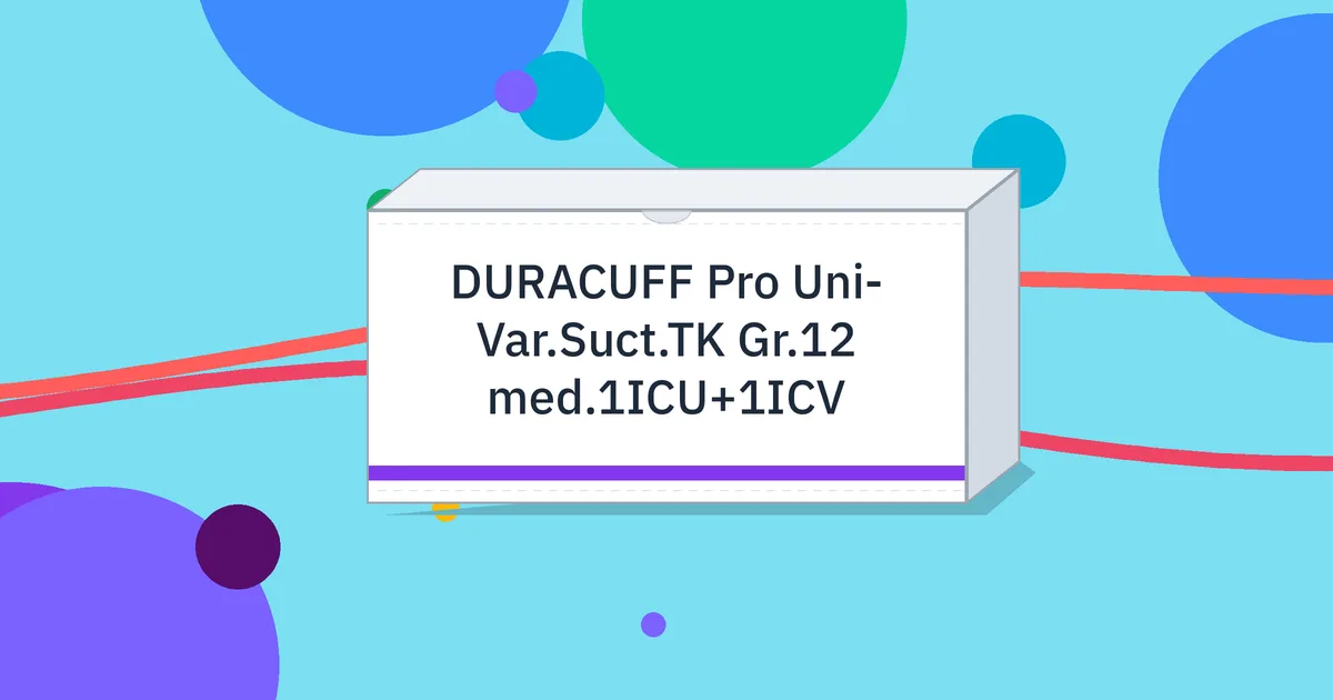 Symbolbild: Packung mit der Aufschrift DURACUFF Pro Uni-Var.Suct.TK Gr.12 med.1ICU+1ICV (PZN 19245299) – Verfügbarkeit und Bezug in Apotheken in Frankfurt am Main