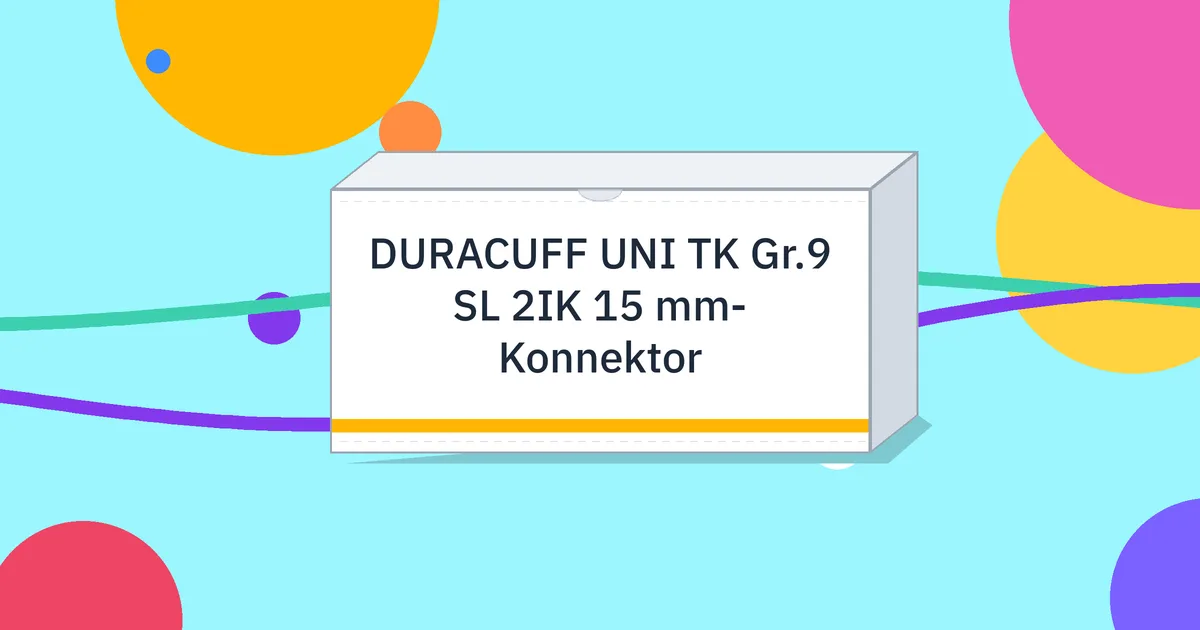 Symbolbild: Packung mit der Aufschrift DURACUFF UNI TK Gr.9 SL 2IK 15 mm-Konnektor (PZN 01221418) – Verfügbarkeit und Bezug in Apotheken in Frankfurt am Main