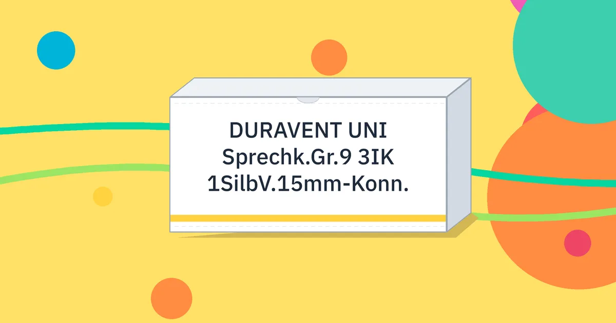 Symbolbild: Packung mit der Aufschrift DURAVENT UNI Sprechk.Gr.9 3IK 1SilbV.15mm-Konn. (PZN 04466072) – Verfügbarkeit und Bezug in Apotheken in Frankfurt am Main