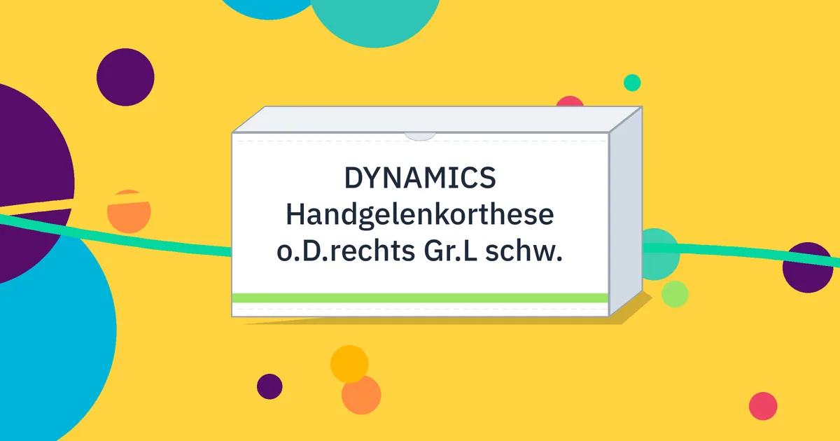 Symbolbild: Packung mit der Aufschrift DYNAMICS Handgelenkorthese o.D.rechts Gr.L schw. (PZN 10633284) – Verfügbarkeit und Bezug in Apotheken in Frankfurt am Main