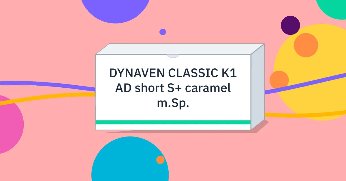 Symbolbild: Packung mit der Aufschrift DYNAVEN CLASSIC K1 AD short S+ caramel m.Sp. (PZN 18414920) – Verfügbarkeit und Bezug in Apotheken in Frankfurt am Main