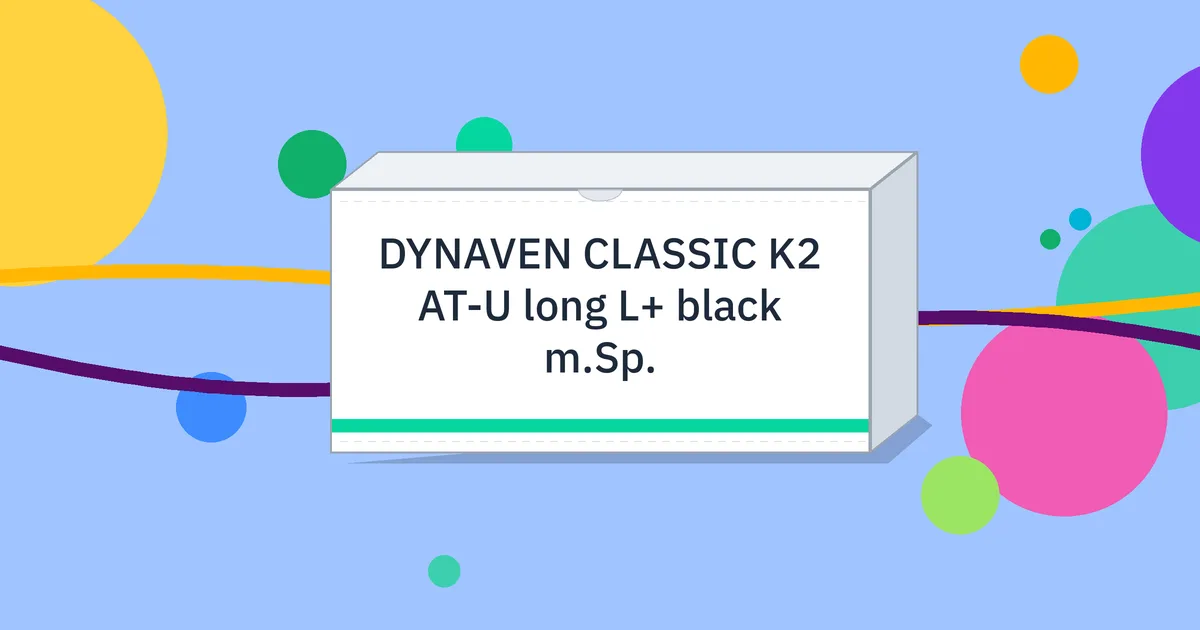 Symbolbild: Packung mit der Aufschrift DYNAVEN CLASSIC K2 AT-U long L+ black m.Sp. (PZN 18419857) – Verfügbarkeit und Bezug in Apotheken in Frankfurt am Main