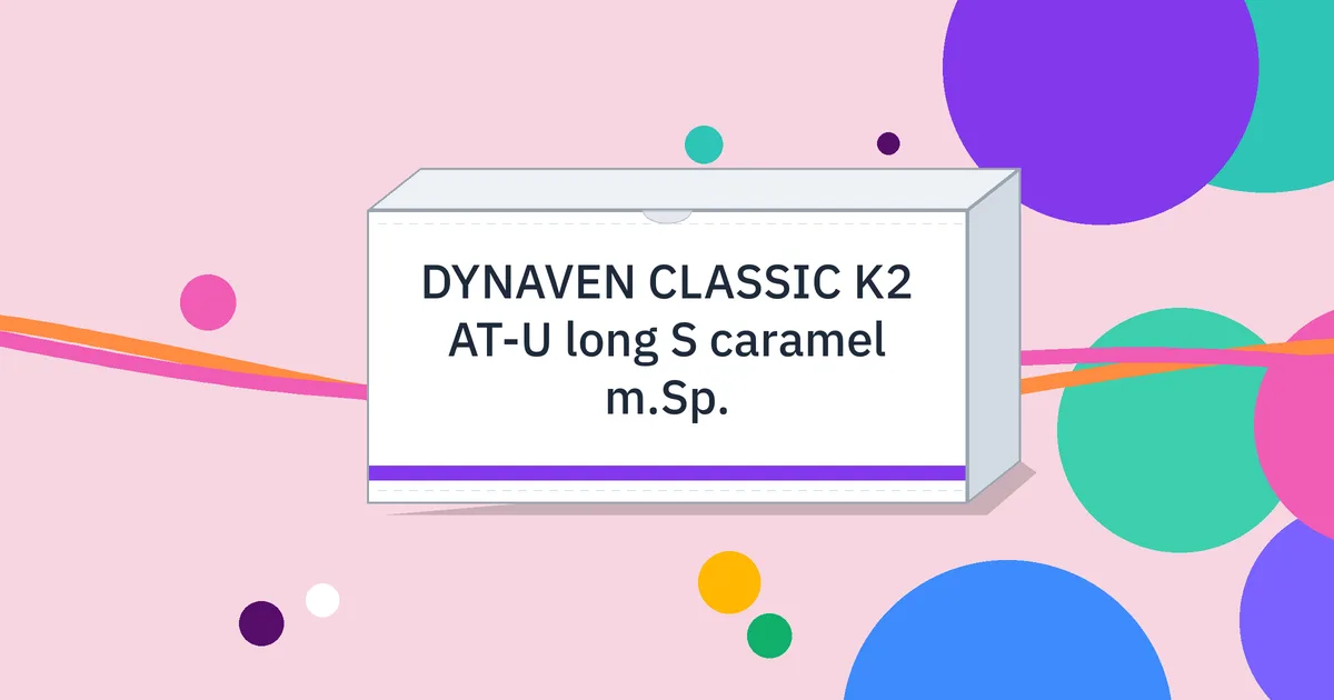 Symbolbild: Packung mit der Aufschrift DYNAVEN CLASSIC K2 AT-U long S caramel m.Sp. (PZN 18419892) – Verfügbarkeit und Bezug in Apotheken in Frankfurt am Main