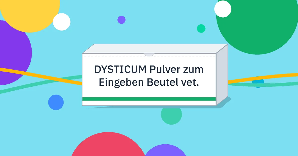 Symbolbild: Packung mit der Aufschrift DYSTICUM Pulver zum Eingeben Beutel vet. (PZN 07382602) – Verfügbarkeit und Bezug in Apotheken in Frankfurt am Main