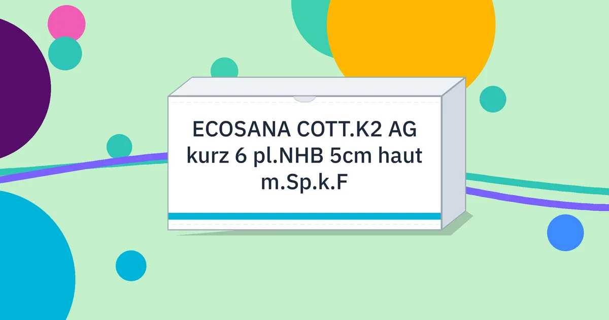 Symbolbild: Packung mit der Aufschrift ECOSANA COTT.K2 AG kurz 6 pl.NHB 5cm haut m.Sp.k.F (PZN 16951022) – Verfügbarkeit und Bezug in Apotheken in Frankfurt am Main