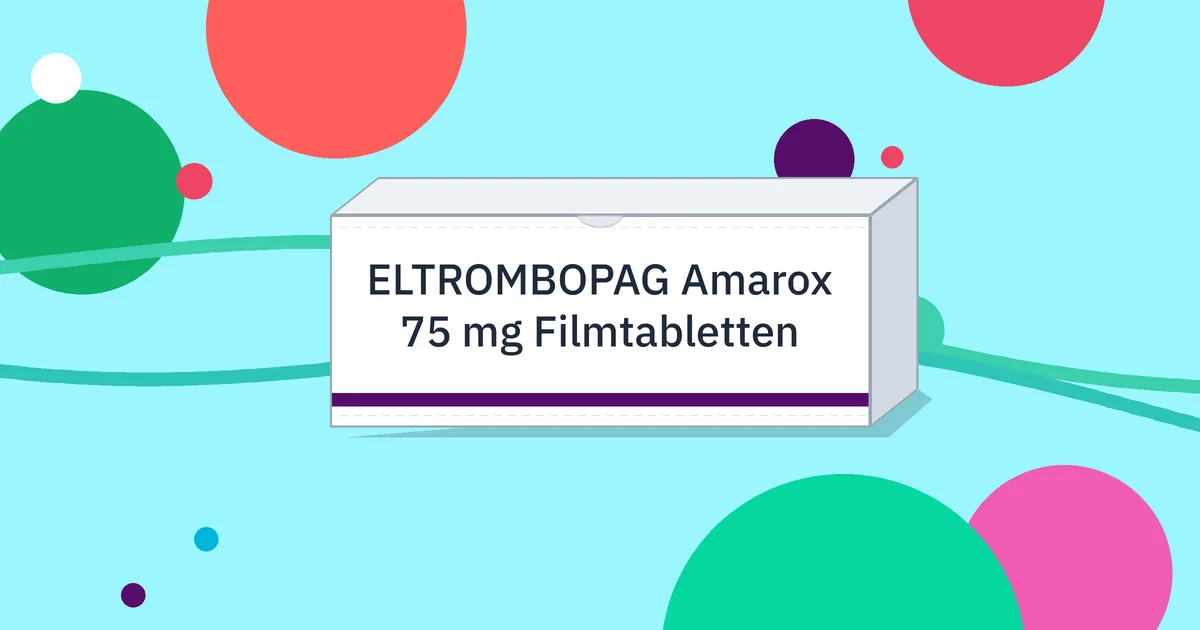 Symbolbild: Packung mit der Aufschrift ELTROMBOPAG Amarox 75 mg Filmtabletten (PZN 19708598) – Verfügbarkeit und Bezug in Apotheken in Frankfurt am Main