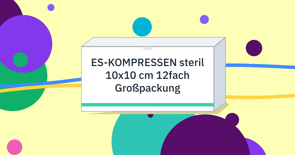 Symbolbild: Packung mit der Aufschrift ES-KOMPRESSEN steril 10x10 cm 12fach Großpackung (PZN 06454127) – Verfügbarkeit und Bezug in Apotheken in Frankfurt am Main