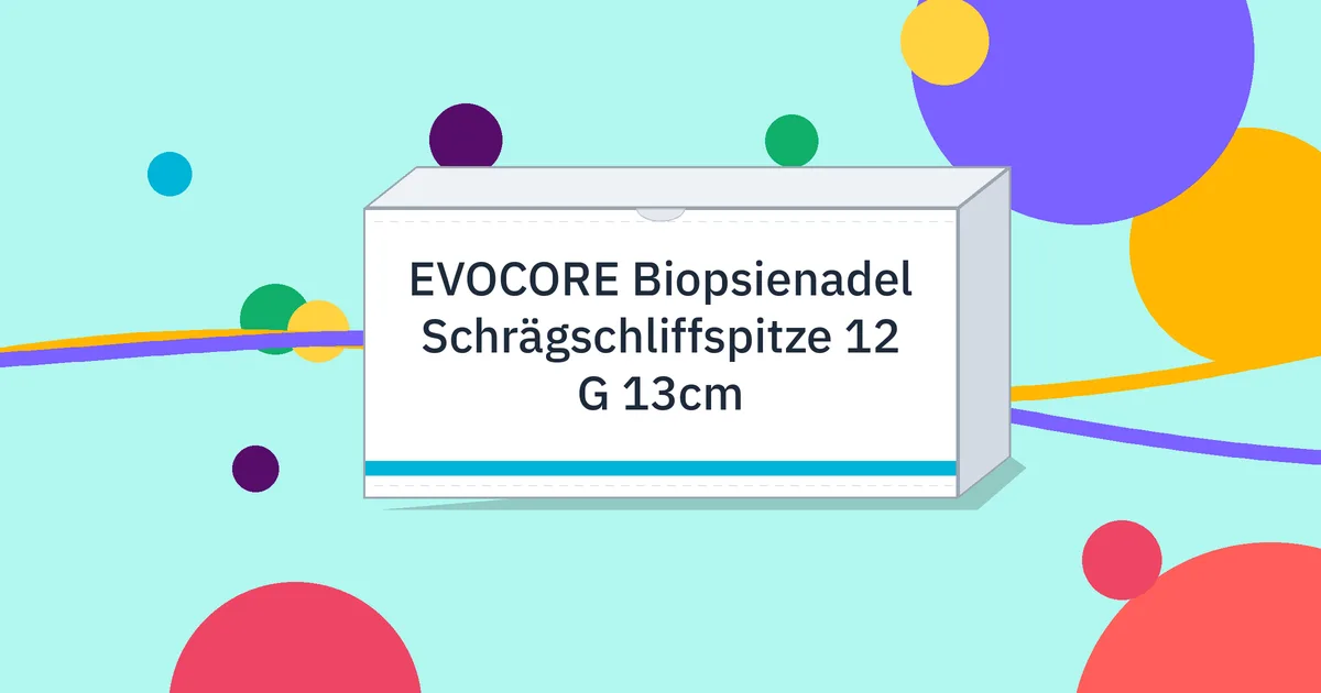 Symbolbild: Packung mit der Aufschrift EVOCORE Biopsienadel Schrägschliffspitze 12 G 13cm (PZN 11655098) – Verfügbarkeit und Bezug in Apotheken in Frankfurt am Main
