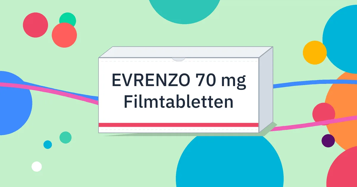 Symbolbild: Packung mit der Aufschrift EVRENZO 70 mg Filmtabletten (PZN 19224239) – Verfügbarkeit und Bezug in Apotheken in Frankfurt am Main