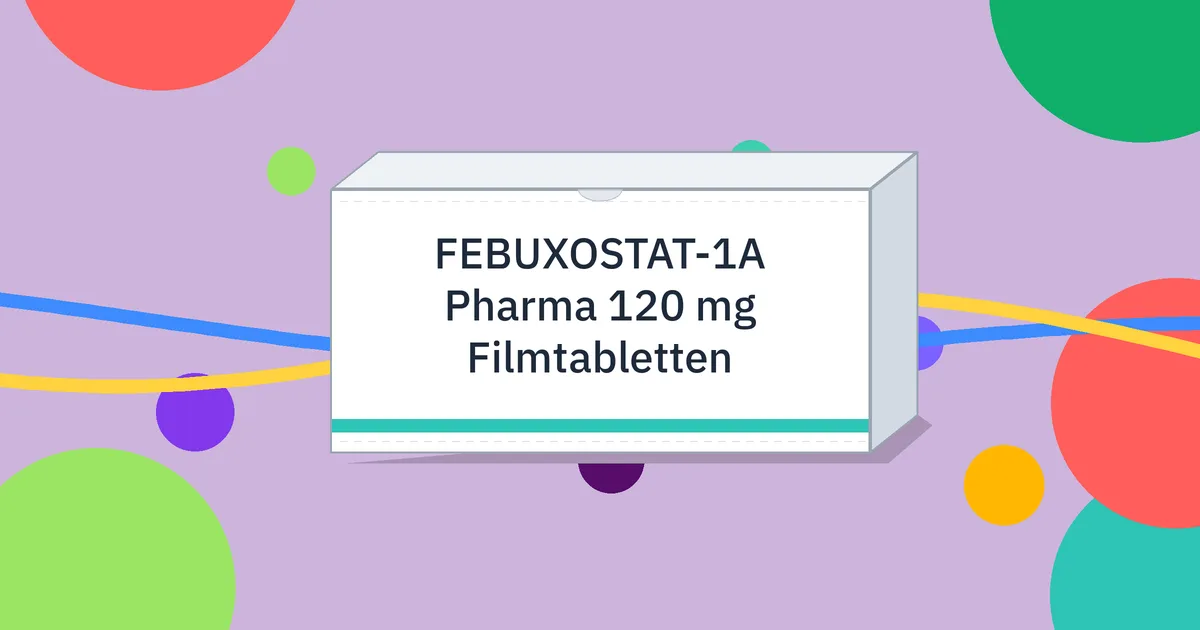 Symbolbild: Packung mit der Aufschrift FEBUXOSTAT-1A Pharma 120 mg Filmtabletten (PZN 14337022) – Verfügbarkeit und Bezug in Apotheken in Frankfurt am Main