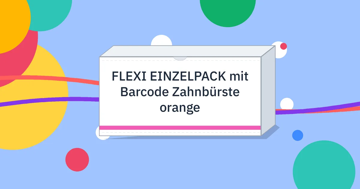 Symbolbild: Packung mit der Aufschrift FLEXI EINZELPACK mit Barcode Zahnbürste orange (PZN 11124277) – Verfügbarkeit und Bezug in Apotheken in Frankfurt am Main