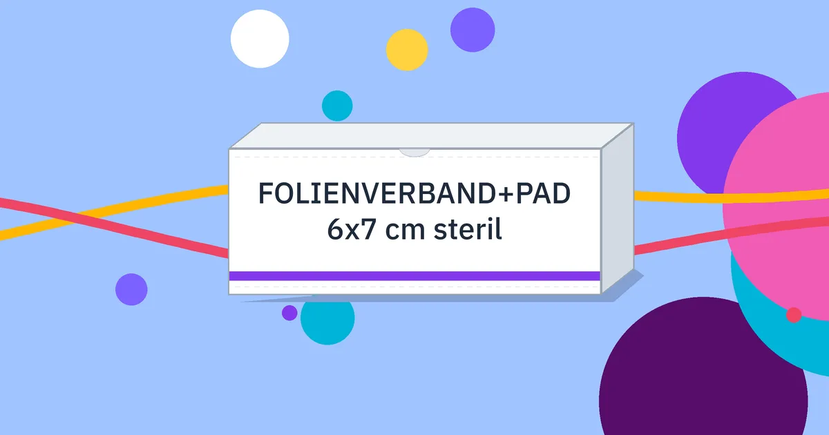 Symbolbild: Packung mit der Aufschrift FOLIENVERBAND+PAD 6x7 cm steril (PZN 17558539) – Verfügbarkeit und Bezug in Apotheken in Frankfurt am Main