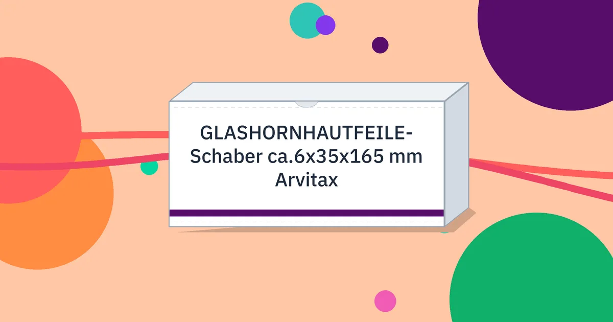 Symbolbild: Packung mit der Aufschrift GLASHORNHAUTFEILE-Schaber ca.6x35x165 mm Arvitax (PZN 09931013) – Verfügbarkeit und Bezug in Apotheken in Frankfurt am Main