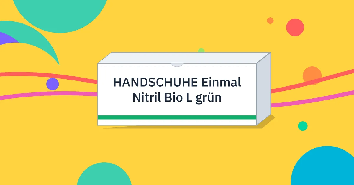 Symbolbild: Packung mit der Aufschrift HANDSCHUHE Einmal Nitril Bio L grün (PZN 19181010) – Verfügbarkeit und Bezug in Apotheken in Frankfurt am Main