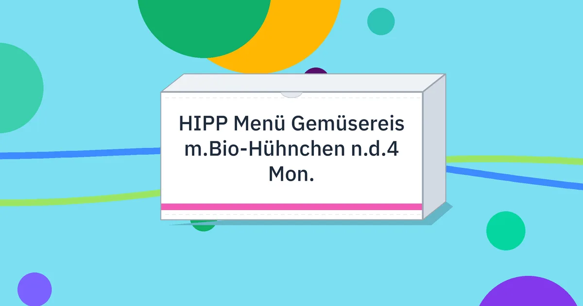 Symbolbild: Packung mit der Aufschrift HIPP Menü Gemüsereis m.Bio-Hühnchen n.d.4 Mon. (PZN 04074780) – Verfügbarkeit und Bezug in Apotheken in Frankfurt am Main