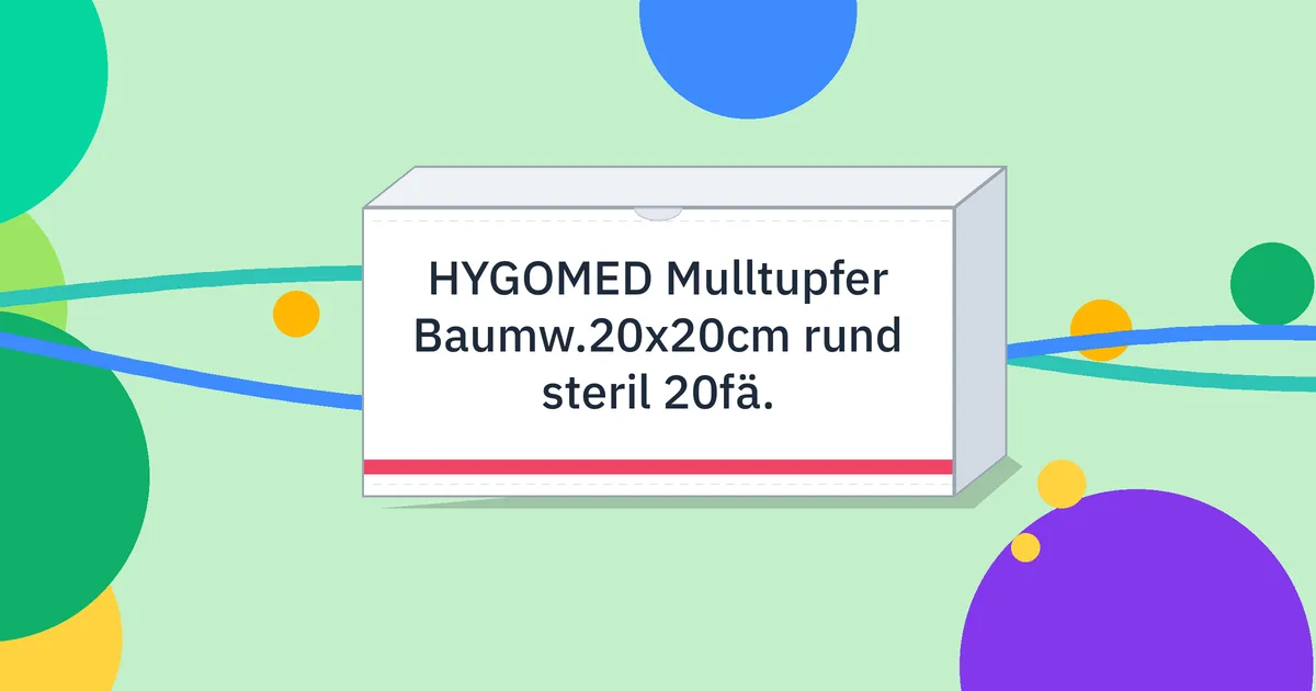Symbolbild: Packung mit der Aufschrift HYGOMED Mulltupfer Baumw.20x20cm rund steril 20fä. (PZN 20934911) – Verfügbarkeit und Bezug in Apotheken in Frankfurt am Main