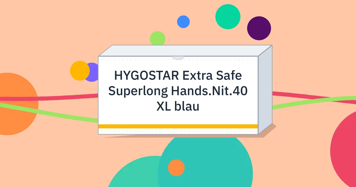 Symbolbild: Packung mit der Aufschrift HYGOSTAR Extra Safe Superlong Hands.Nit.40 XL blau (PZN 20772584) – Verfügbarkeit und Bezug in Apotheken in Frankfurt am Main