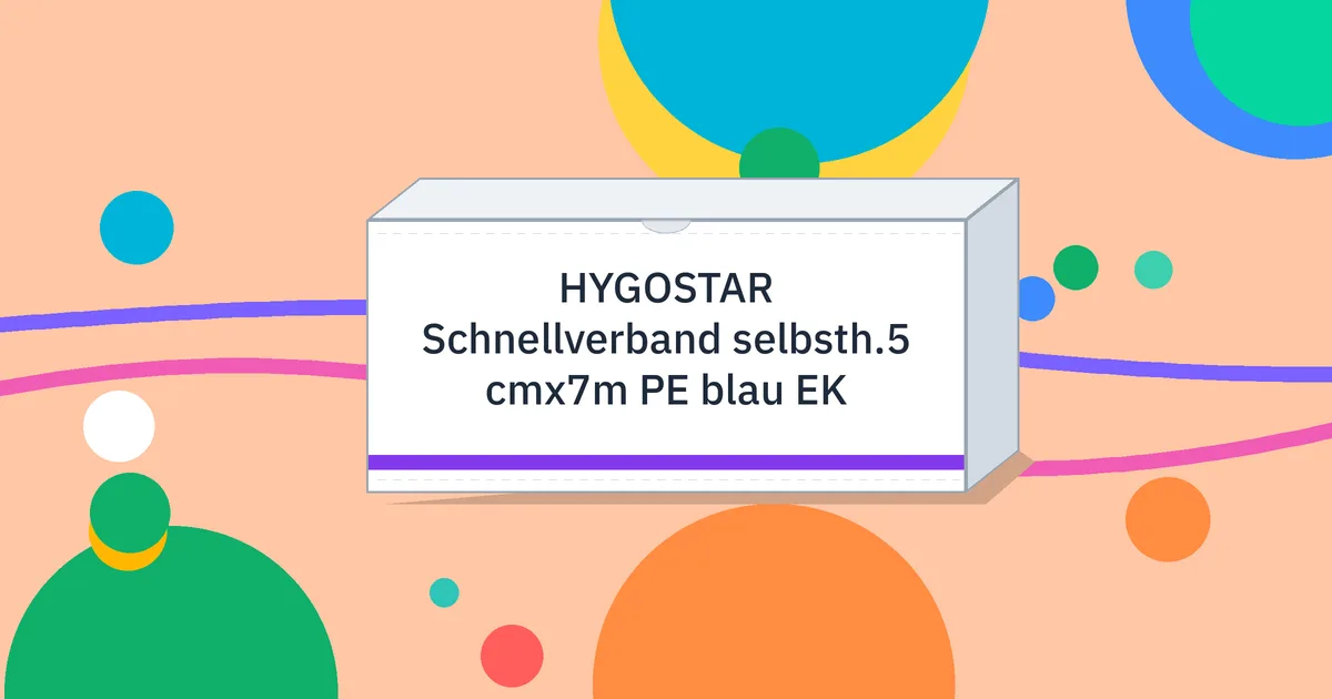 Symbolbild: Packung mit der Aufschrift HYGOSTAR Schnellverband selbsth.5 cmx7m PE blau EK (PZN 20607721) – Verfügbarkeit und Bezug in Apotheken in Frankfurt am Main
