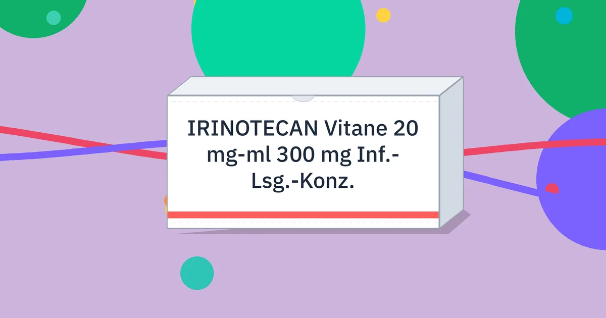 Symbolbild: Packung mit der Aufschrift IRINOTECAN Vitane 20 mg-ml 300 mg Inf.-Lsg.-Konz. (PZN 11722009) – Verfügbarkeit und Bezug in Apotheken in Frankfurt am Main