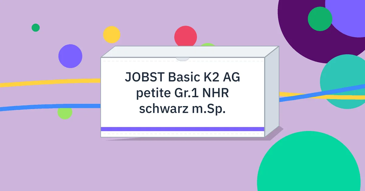 Symbolbild: Packung mit der Aufschrift JOBST Basic K2 AG petite Gr.1 NHR schwarz m.Sp. (PZN 15311332) – Verfügbarkeit und Bezug in Apotheken in Frankfurt am Main