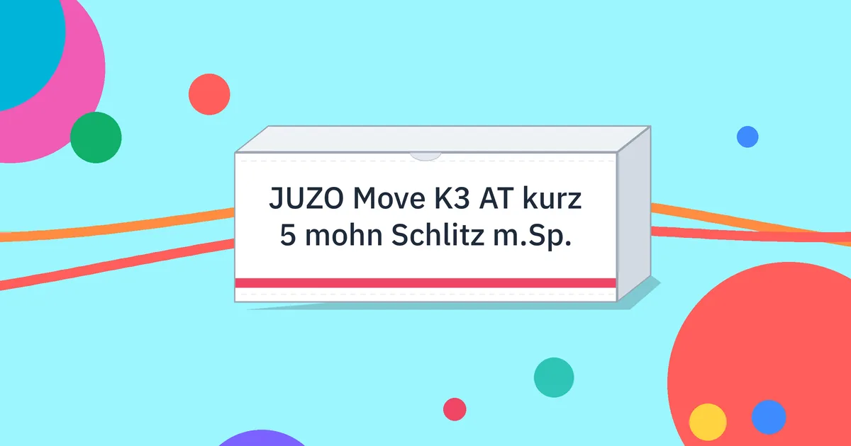 Symbolbild: Packung mit der Aufschrift JUZO Move K3 AT kurz 5 mohn Schlitz m.Sp. (PZN 20684383) – Verfügbarkeit und Bezug in Apotheken in Frankfurt am Main