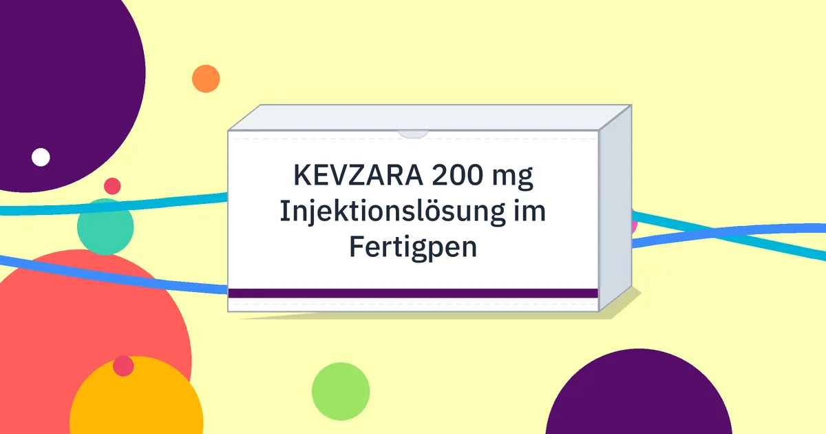 Symbolbild: Packung mit der Aufschrift KEVZARA 200 mg Injektionslösung im Fertigpen (PZN 13875935) – Verfügbarkeit und Bezug in Apotheken in Frankfurt am Main