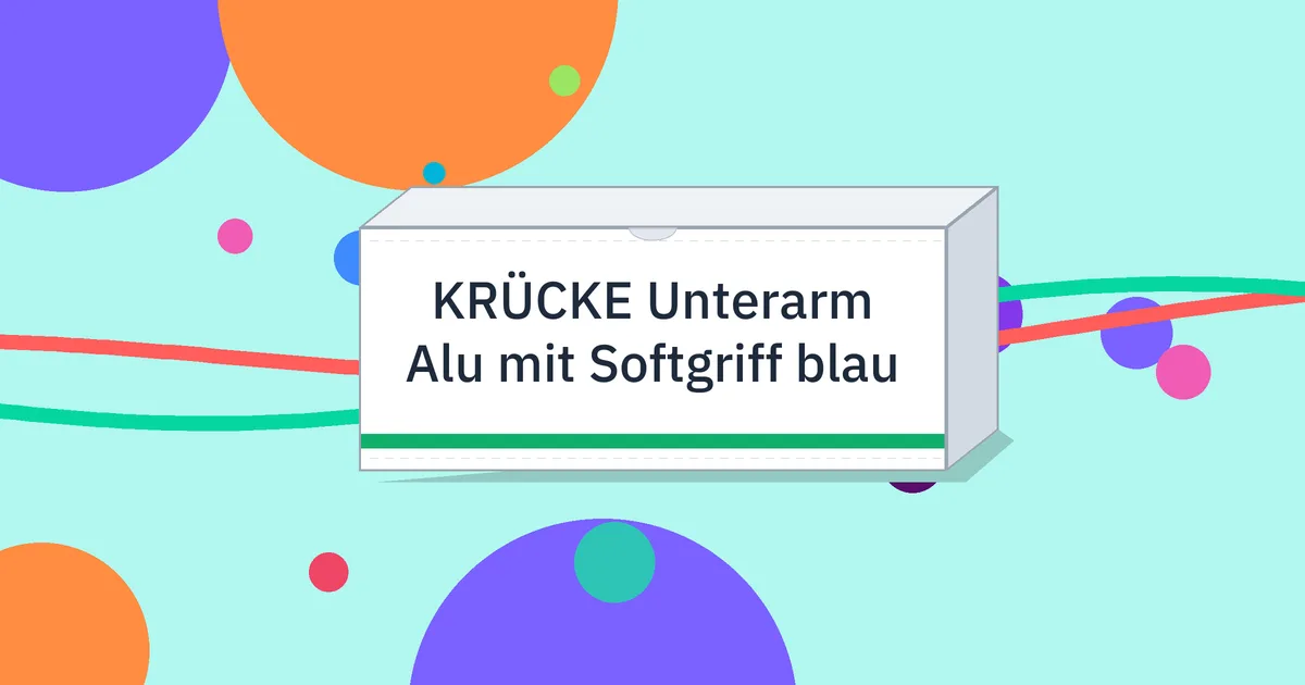 Symbolbild: Packung mit der Aufschrift KRÜCKE Unterarm Alu mit Softgriff blau (PZN 06970627) – Verfügbarkeit und Bezug in Apotheken in Frankfurt am Main