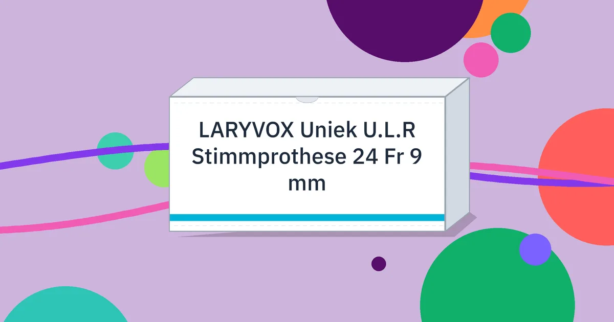Symbolbild: Packung mit der Aufschrift LARYVOX Uniek U.L.R Stimmprothese 24 Fr 9 mm (PZN 18791456) – Verfügbarkeit und Bezug in Apotheken in Frankfurt am Main