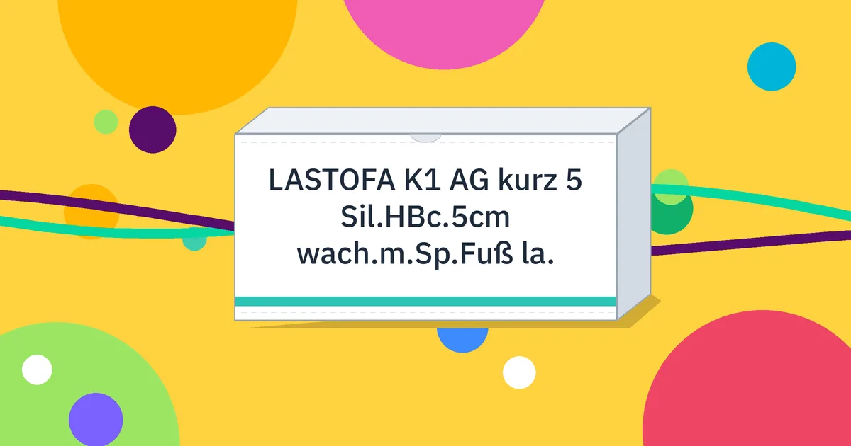 Symbolbild: Packung mit der Aufschrift LASTOFA K1 AG kurz 5 Sil.HBc.5cm wach.m.Sp.Fuß la. (PZN 13793350) – Verfügbarkeit und Bezug in Apotheken in Frankfurt am Main