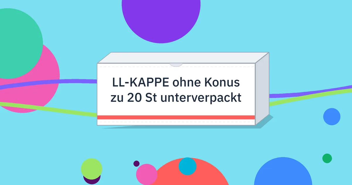 Symbolbild: Packung mit der Aufschrift LL-KAPPE ohne Konus zu 20 St unterverpackt (PZN 19515008) – Verfügbarkeit und Bezug in Apotheken in Frankfurt am Main