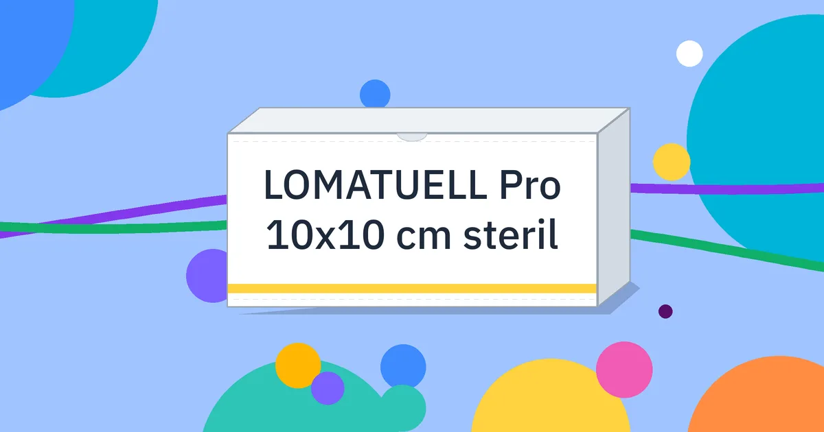 Symbolbild: Packung mit der Aufschrift LOMATUELL Pro 10x10 cm steril (PZN 15201678) – Verfügbarkeit und Bezug in Apotheken in Frankfurt am Main