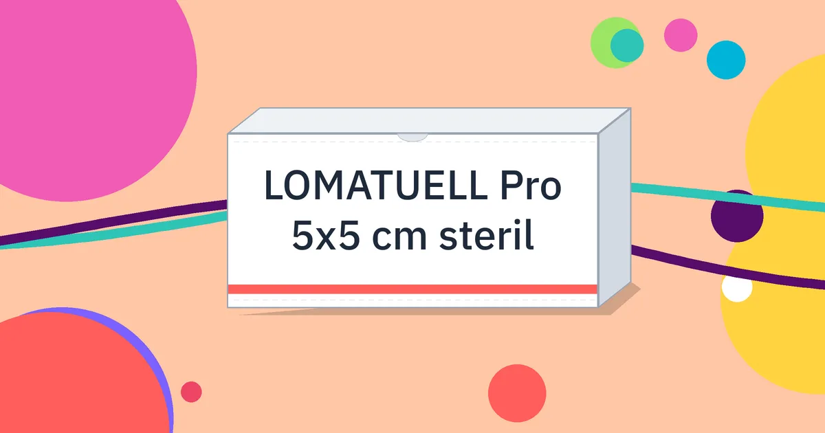 Symbolbild: Packung mit der Aufschrift LOMATUELL Pro 5x5 cm steril (PZN 17842200) – Verfügbarkeit und Bezug in Apotheken in Frankfurt am Main