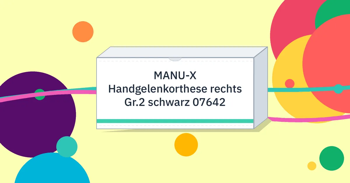Symbolbild: Packung mit der Aufschrift MANU-X Handgelenkorthese rechts Gr.2 schwarz 07642 (PZN 16735755) – Verfügbarkeit und Bezug in Apotheken in Frankfurt am Main