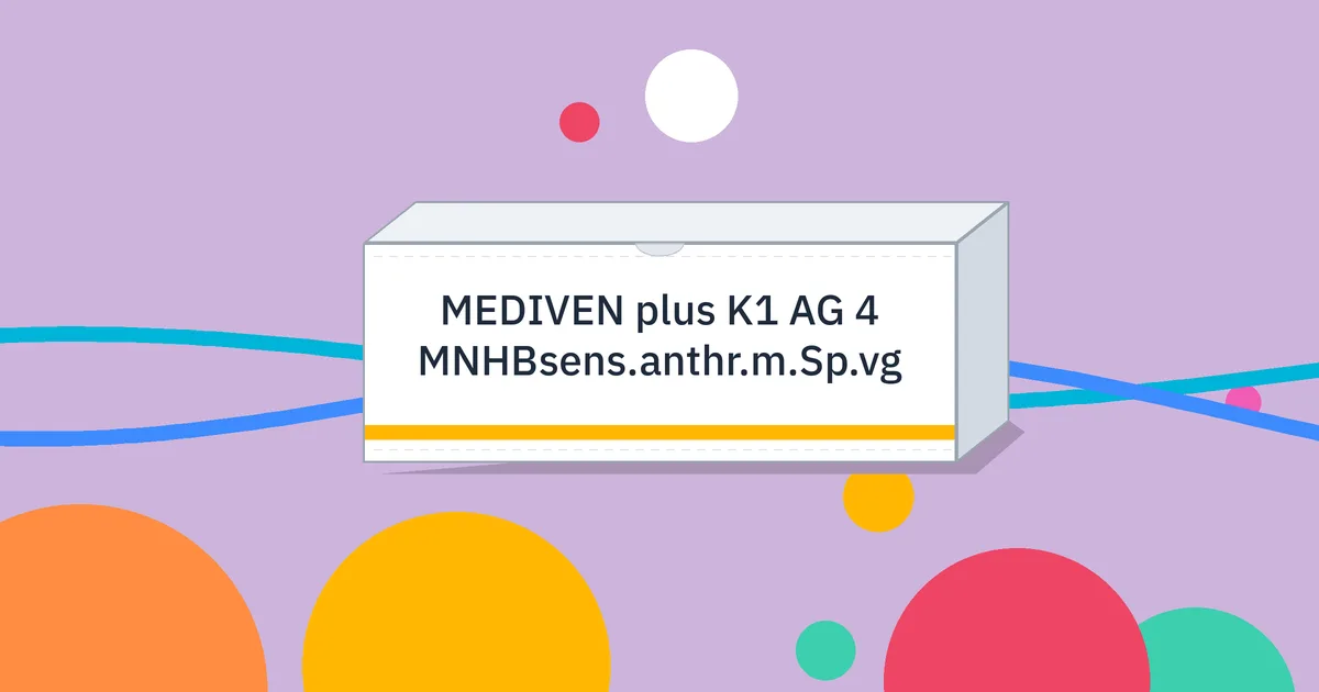 Symbolbild: Packung mit der Aufschrift MEDIVEN plus K1 AG 4 MNHBsens.anthr.m.Sp.vg (PZN 15916874) – Verfügbarkeit und Bezug in Apotheken in Frankfurt am Main
