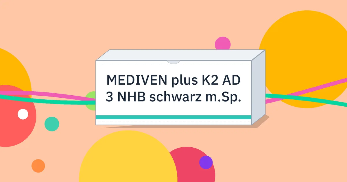 Symbolbild: Packung mit der Aufschrift MEDIVEN plus K2 AD 3 NHB schwarz m.Sp. (PZN 15937729) – Verfügbarkeit und Bezug in Apotheken in Frankfurt am Main