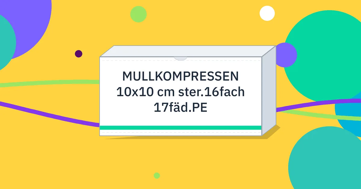 Symbolbild: Packung mit der Aufschrift MULLKOMPRESSEN 10x10 cm ster.16fach 17fäd.PE (PZN 06931260) – Verfügbarkeit und Bezug in Apotheken in Frankfurt am Main